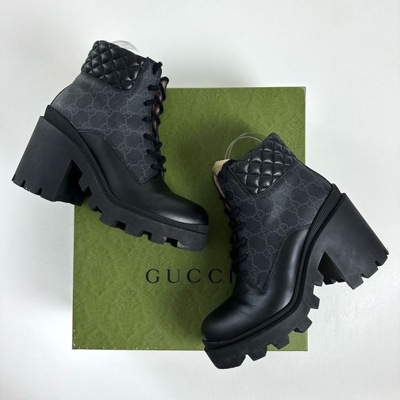 Gucci | Shoes | Gucci Black Trip Combat Boots 38 Us 8 Monogram Lace ...